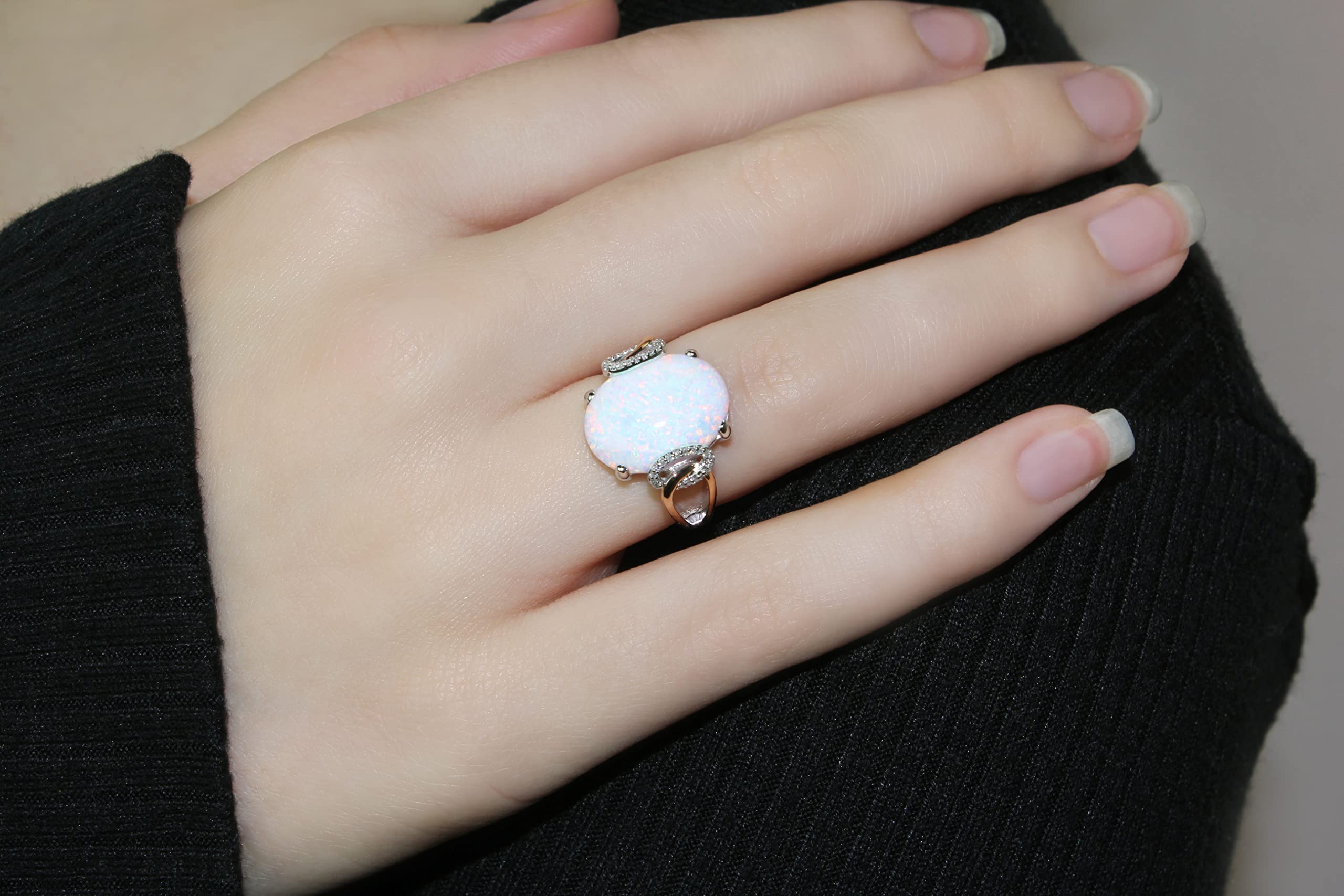 Belantina Heartland By Beverley Mitchell 10K Rose Gold with .925 Sterling Silver Oval Lab Created Opal Cabochon & Diamond Accented Statement Ring (H-I Color, I2-I3 Clarity) - Size 8