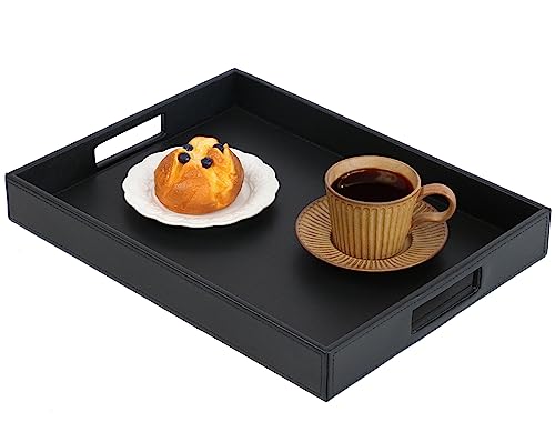 HofferRuffer Rectangle Serving Tray with Hole Handles for Coffee Table, Breakfast, Tea, Food, Butler - Countertop, Kitchen, Vanity Serve Tray, 16.2 x 12.2 x 2 inches, Faux Leather Tray (Black)