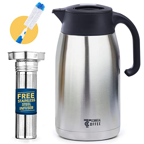 Coffee carafe & Tea carafe in one. 68oz 12hr heat retention ideal for coffee carafes for keeping hot, 24hr cold retention. Thermal Stainless Steel double walled insulated carafe. Infuser & Brush Incld