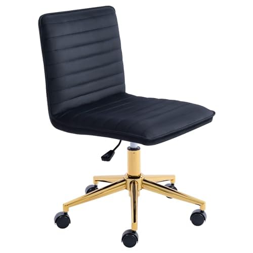 Furniliving Home Office Chair, Armless Vanity Chair with Wheels Swivel Velvet Computer Rolling Desk Chair with Back, Adjustable Accent Chair with Gold Metal Base Stool Chair,Black