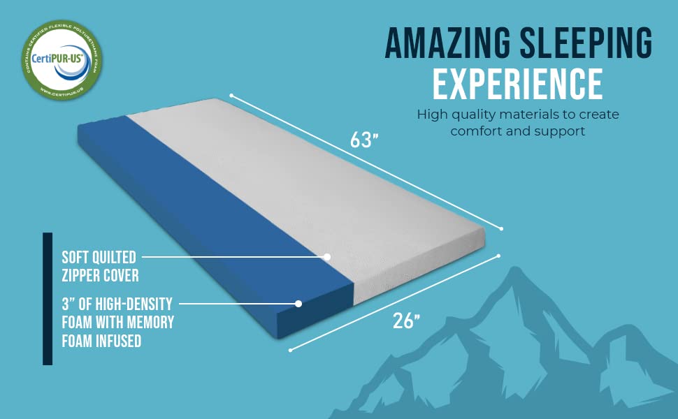 Foamma 3" x 26" x 63" Memory Foam Roll-Up Camping Mattress, CertiPUR-US Certified Foam, Quilted Soft Cover, Made in USA, Portable and Comfortable