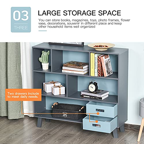 HOMCOM 3-Tier Child Bookcase Open Shelves Cabinet Floor Standing Cube Storage Organizer with Drawers - Dark Blue