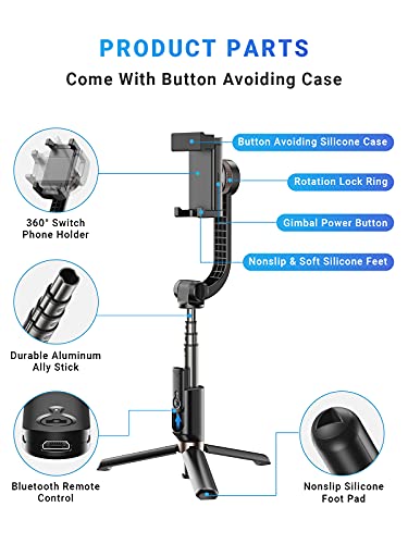 Gimbal Stabilizer For Smartphone, APEXEL 360° Rotation Auto Balance Small Portable Handhold Selfie Stick Tripod With Wireless Remote, 1-Axis Lightweight Extendable Stabilizer Gimble Iphone Phone Gopro