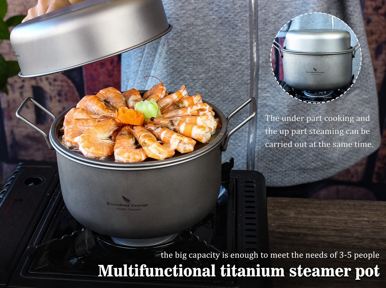 Boundless Voyage Titanium Steamer Pot Frying Pan Set with Lid Outdoor Camping Saucepan Mess Kit Multifunctional Cooking Pot Ti2057C