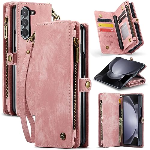 phone flip case Wallet Case Compatible with Samsung Galaxy Z Fold 5,2 in 1 Detachable Premium Leather Magnetic Zipper Pouch Wristlet Flip Phone Case,Matte Soft Leather+TPU Bottom Shell Case W Card Hol