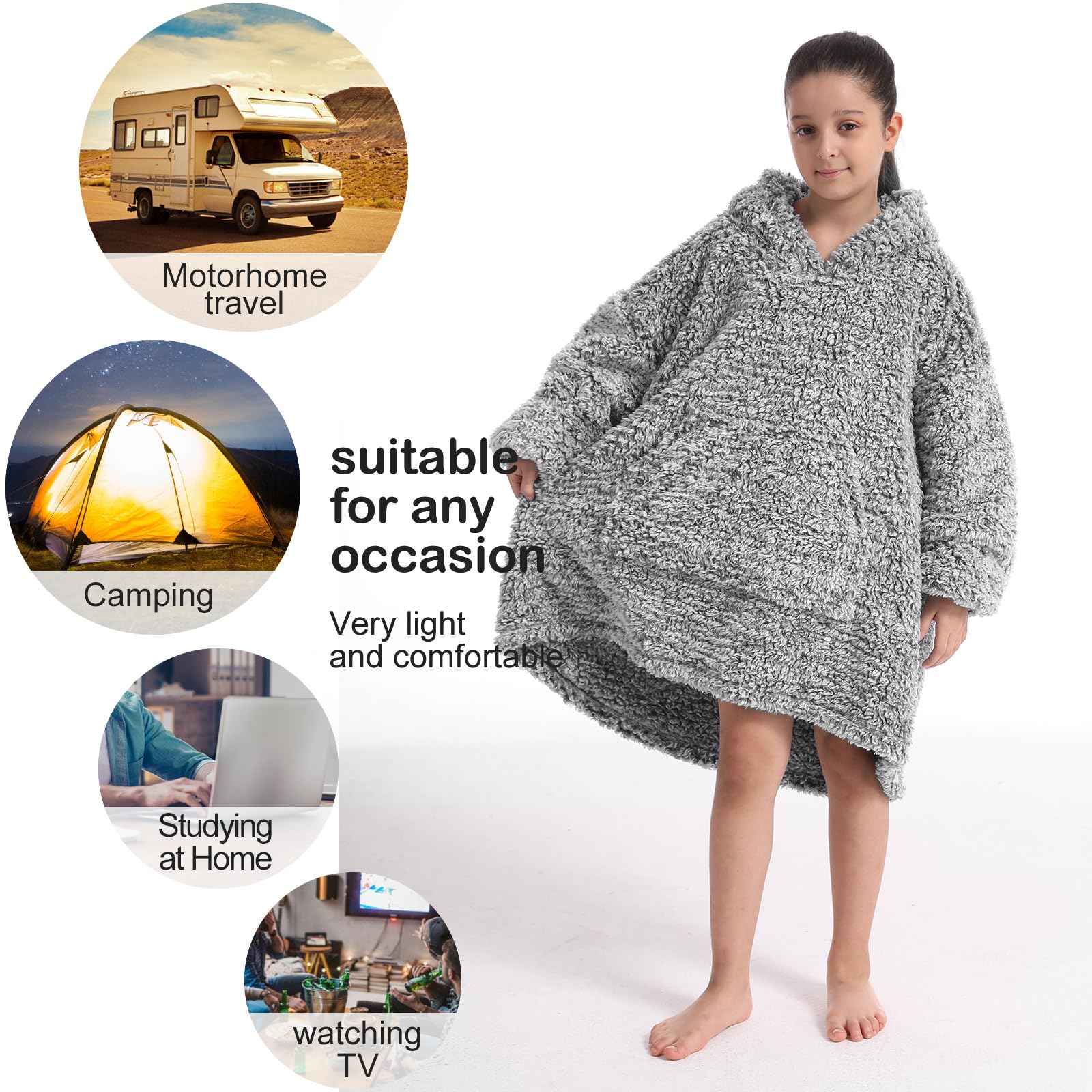 Cozy Sherpa Wearable Blanket Hoodie with Sleeves for Kids Gift Idea,Hooded Snuggle Blanket,Oversized Blanket Sweatshirt,Super Warm Light Weight, Black
