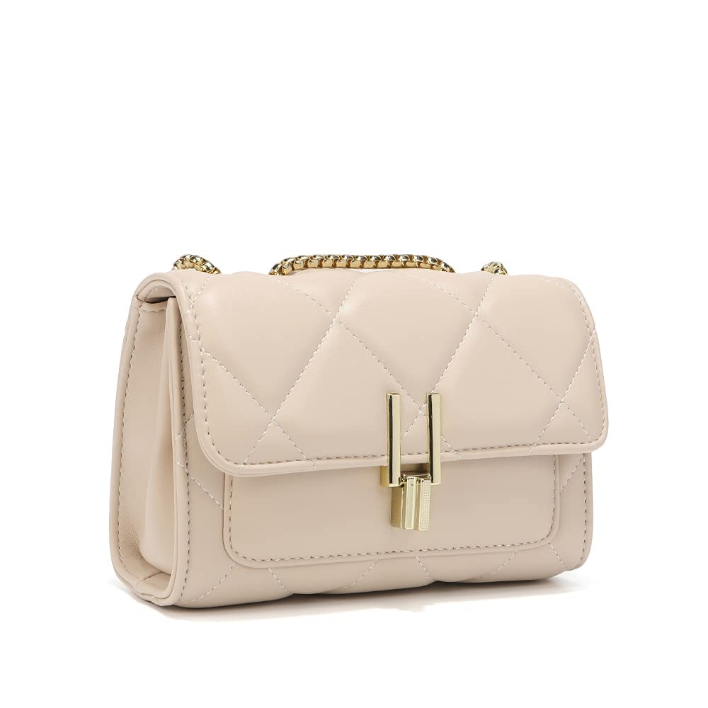 NW Crossbody Bags for Women Quilted Shoulder Purses and Handbags Lattice Texture with Chain Strap (Beige)