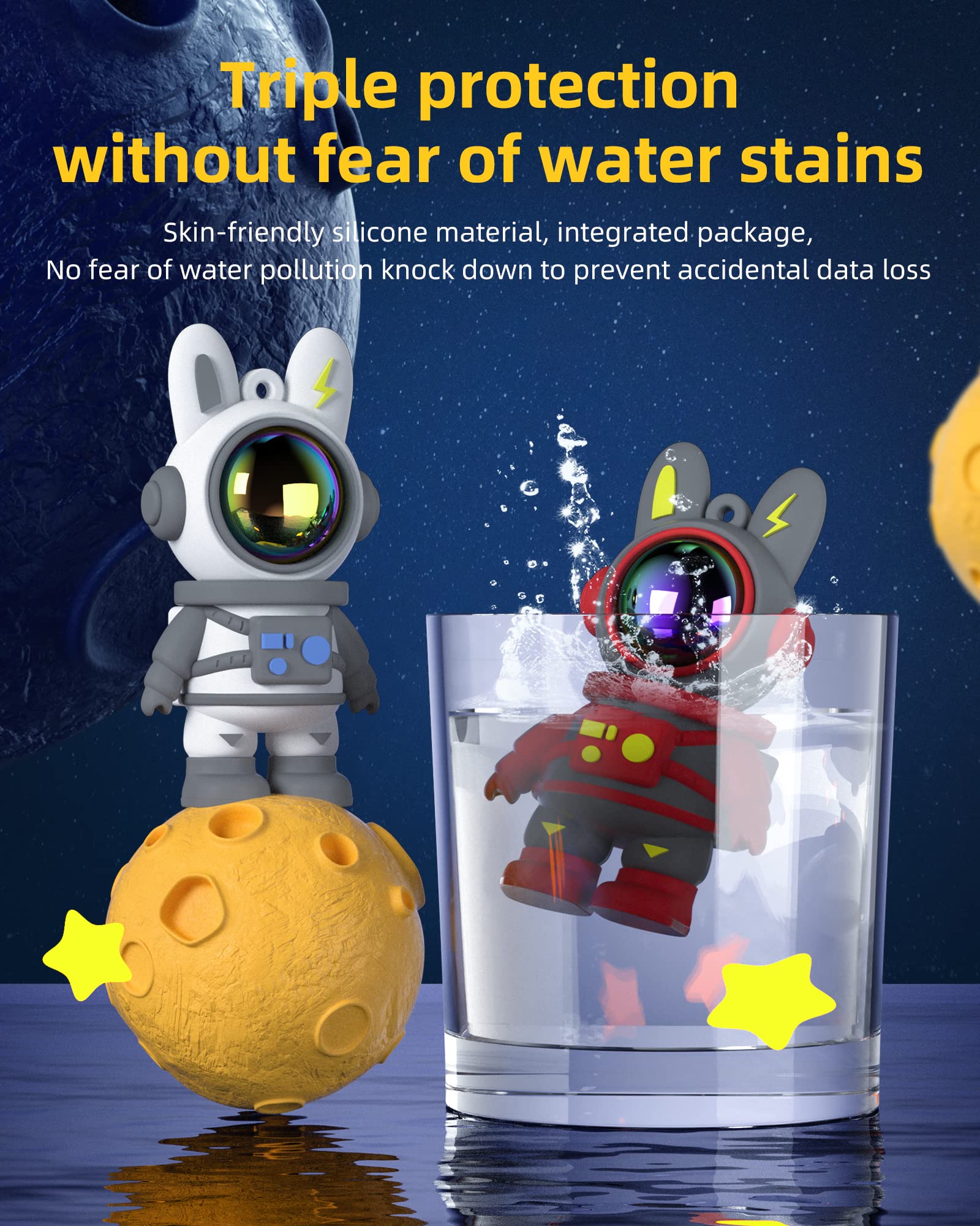 Cute Space Rabbit USB Flash Drive, Thumb Drive Waterproof USB 2.0 Memory Stick Small Size USB Drive Gift (128G, Cyan)