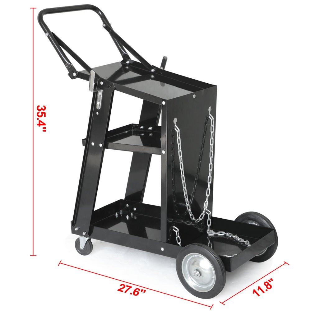 CAREU Welding Cart Plasma Cutting Machine with Universal Tank Storage 3-Tier Tig MIG Welder w/2 Safety Chains Trolley Workshop Organizer Black