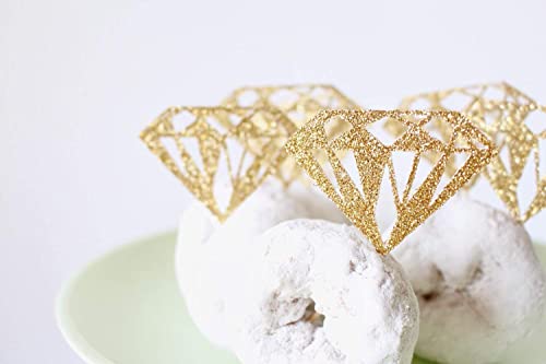 Diamond Cupcake Toppers, Bridal Shower Decorations, Diamond Donut Toppers in Gold Glitter Set of 12