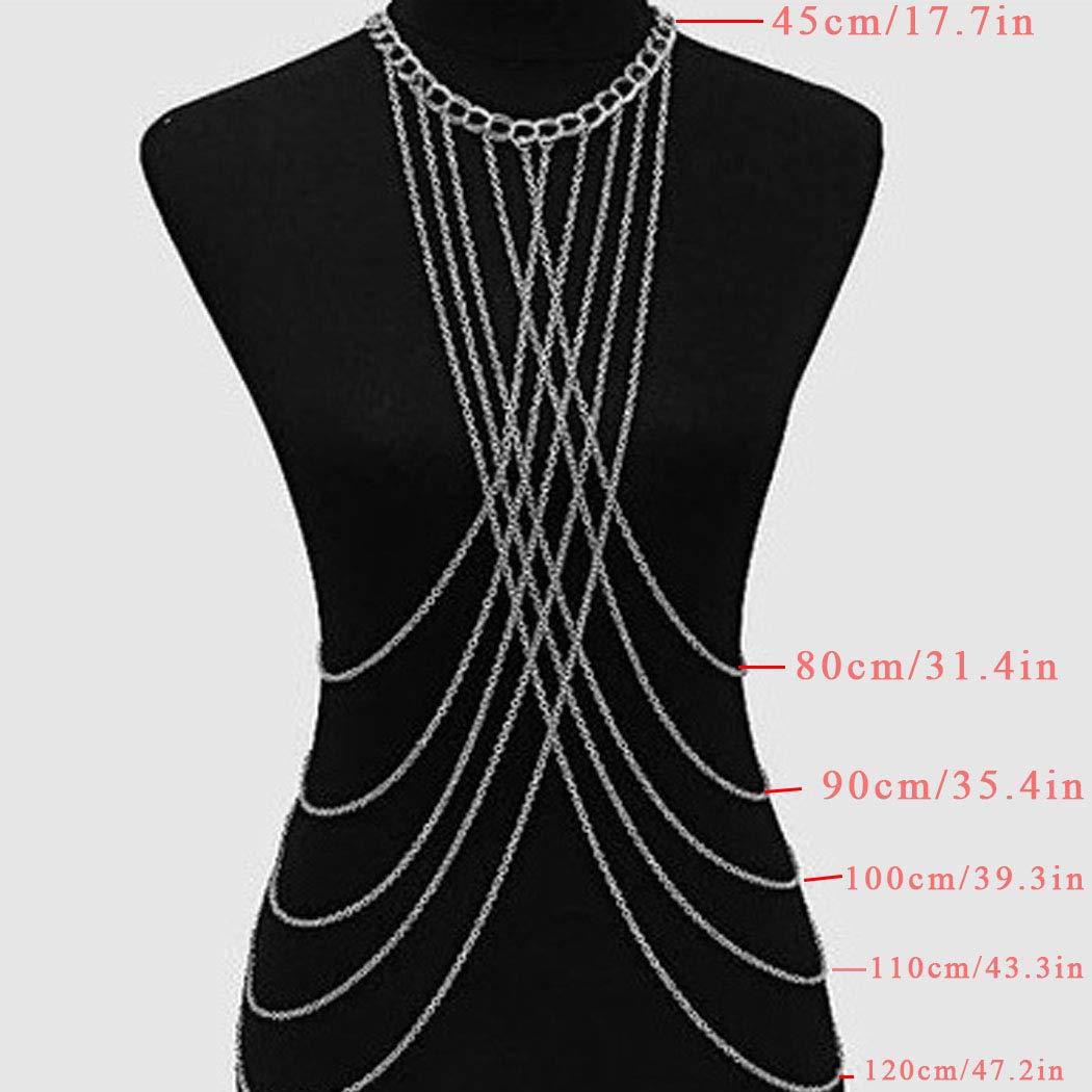 Bounzhi Harness Body Chain Bra Crossover Sexy Body Jewelry Bikini Chains Necklace for Women(Silver)