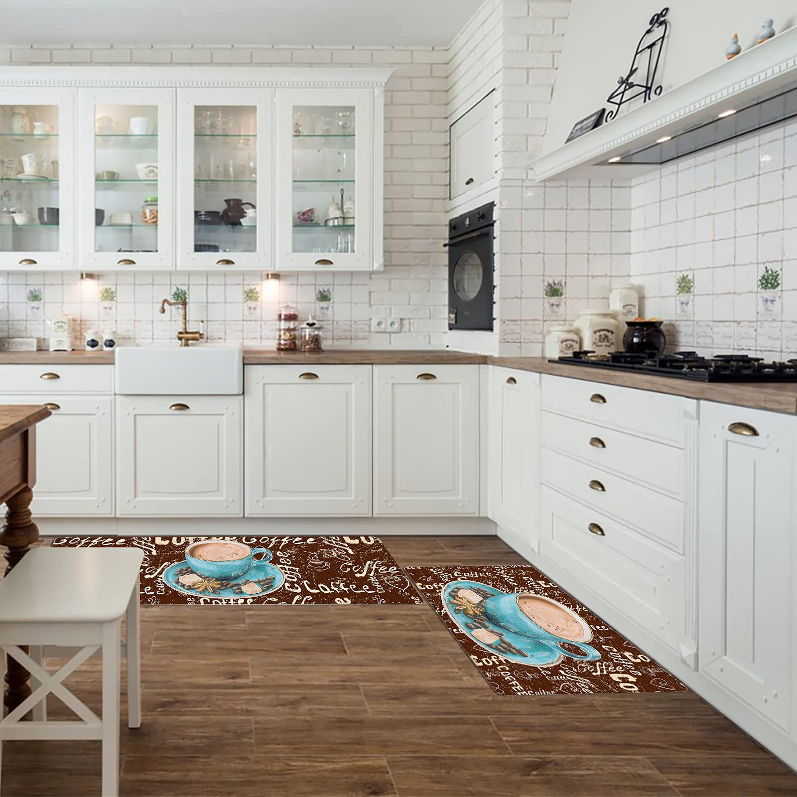 Coffee Kitchen Rugs Set 2 Piece 18x30in+18x47.2in, Non-Slip Kitchen Mats Set Rubber Backing Indoor Entry Door Mat Carpets - Vintage Blue Coffee Cup Beans Sugar Lump Brown