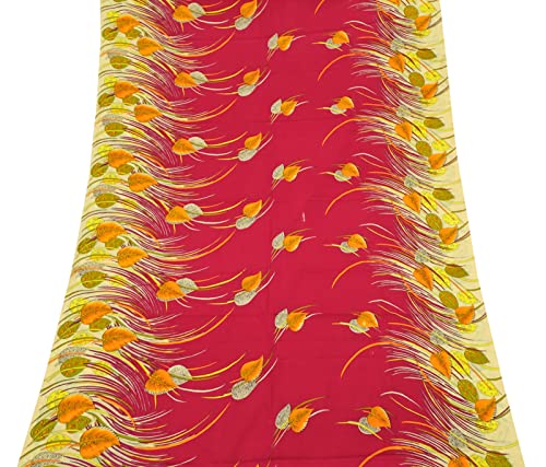 Peegli Indian Vintage Red Printed Textile Silk Blend DIY Fabric Casual Dress Material