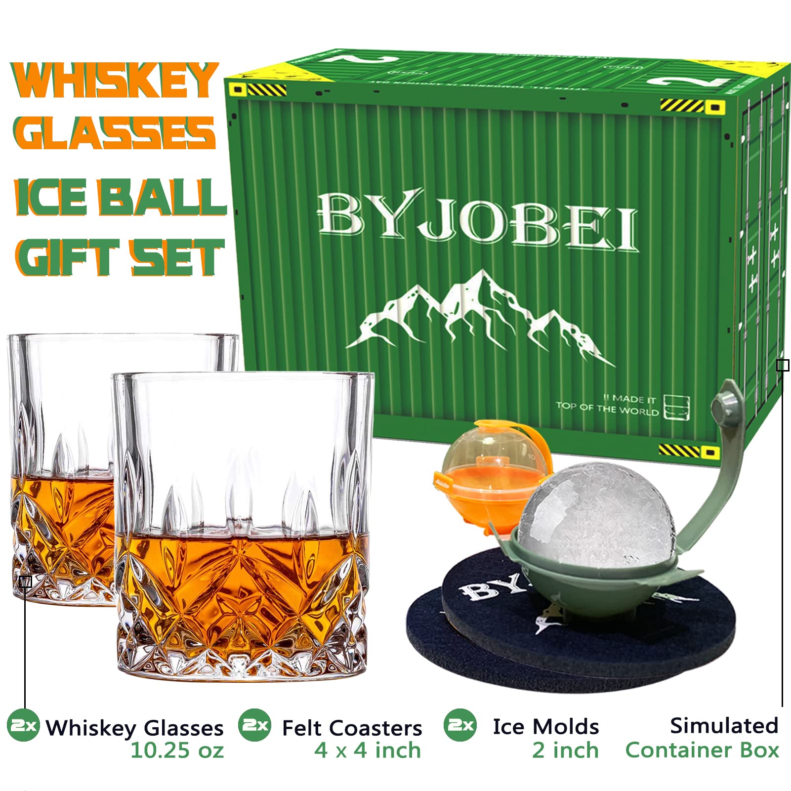 BYJOBEI Whiskey Rocks Glass, 2 Crystal Bourbon Glasses, 2 Ice Ball Molds 2 Coasters In Gift Box, 11 Oz Rock Barware for Bourbon Scotch Cocktail Vodka, Unique Gifts for Men