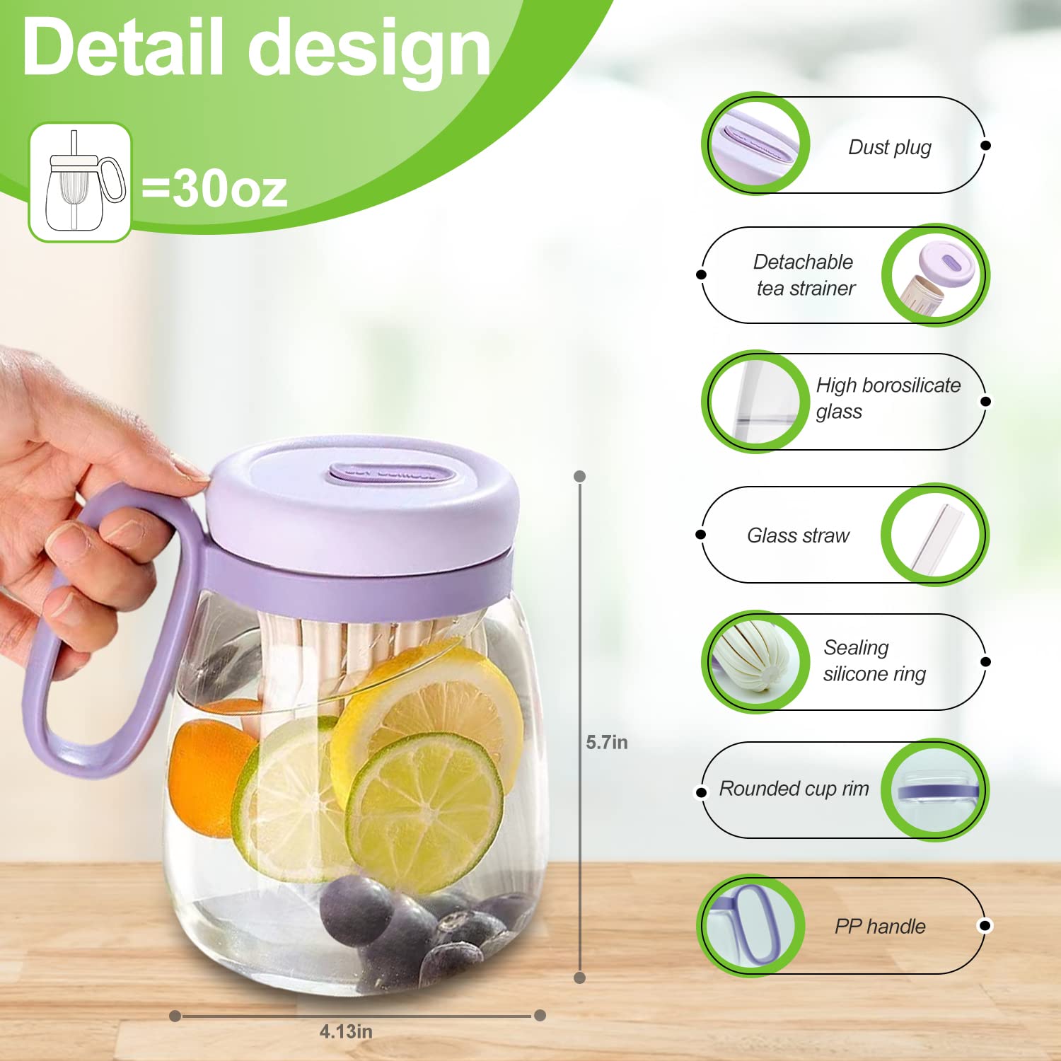 BYMIOYA 30 oz Glass Tumbler - Festive Gift for Christmas & Valentine's Day - Reusable Boba Cup with Tea Infuser, Lid, Straw, Handle. Ideal for Smoothies, Leak-Proof Mason Jar with Food-Grade Silicone