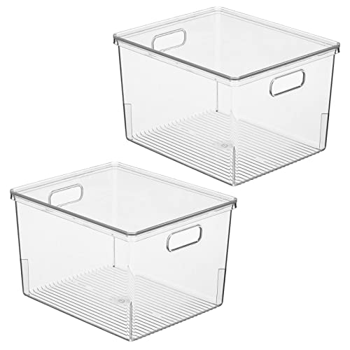 mDesign Large Plastic Stackable Bathroom Cabinet Storage Bin Box with Handles/Lid, Drawer Stacking Organizer for Soap, Lotion, Towels, and Accessories, Ligne Collection, 2 Pack, Clear