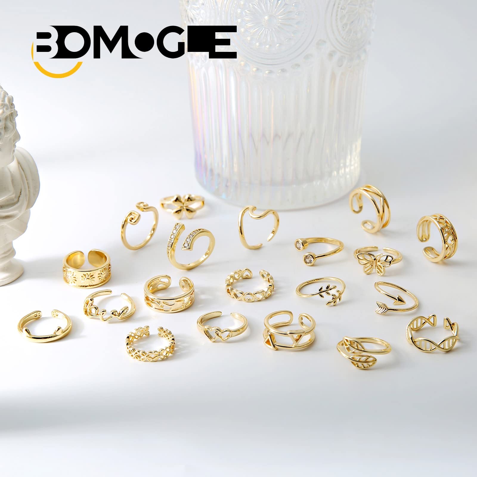 BOMOGLE 20pcs Adjustable Toe Rings for Women Arrow Wave Moon Star Butterfly Heart Leaf Gold Silver Rose Gold Open Tail Ring Beach Foot Jewelry Set