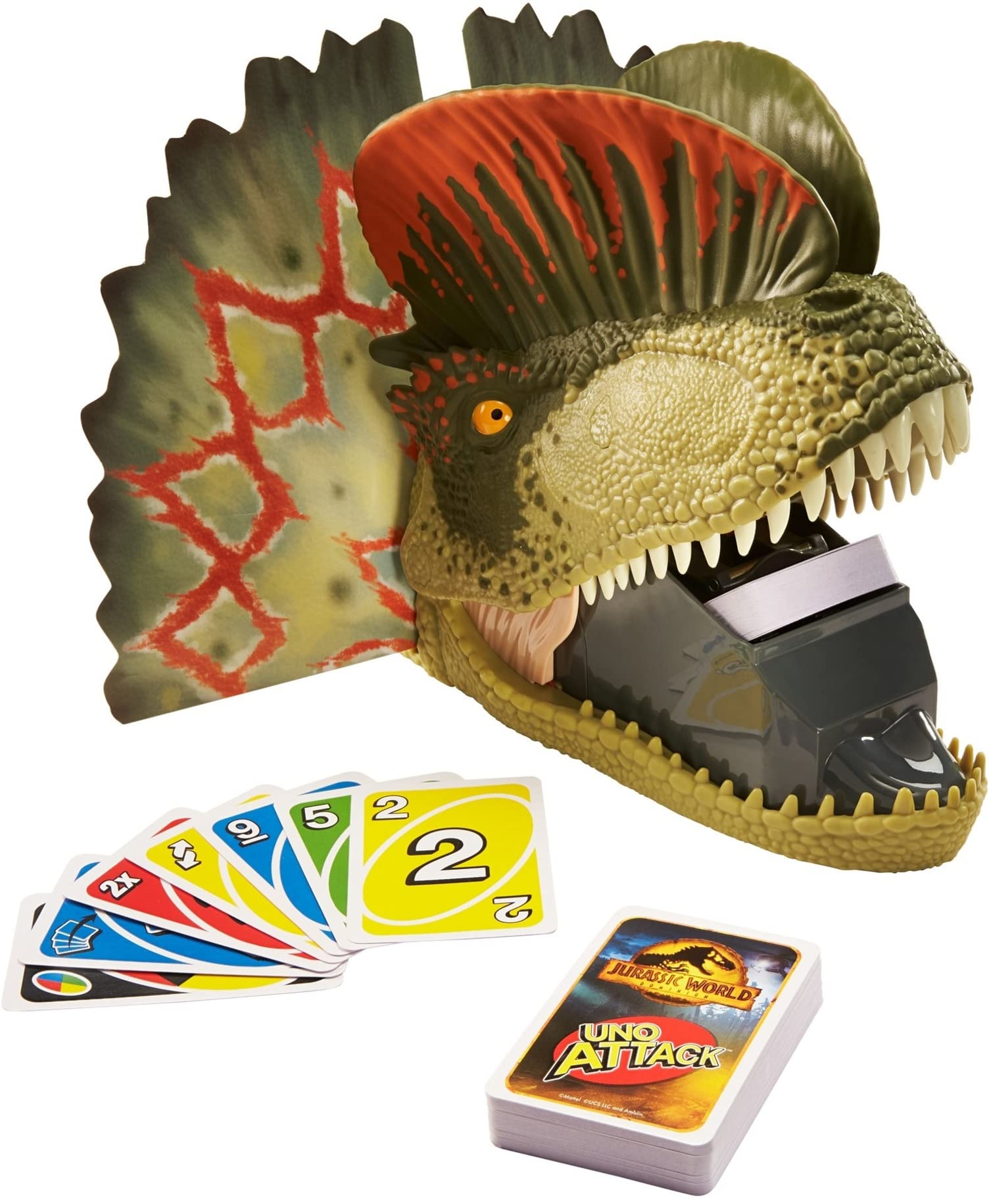 Mattel Games UNO Attack Jurassic World Domination Card Game for Kids & Family Night with Dinosaur Card Launcher, Lights & Sounds