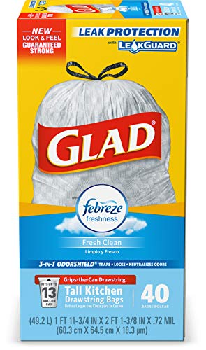 Glad OdorShield Tall Kitchen Drawstring Trash Bags, Fresh Clean, 13 Gallon, 40 Count (Packaging May Vary)