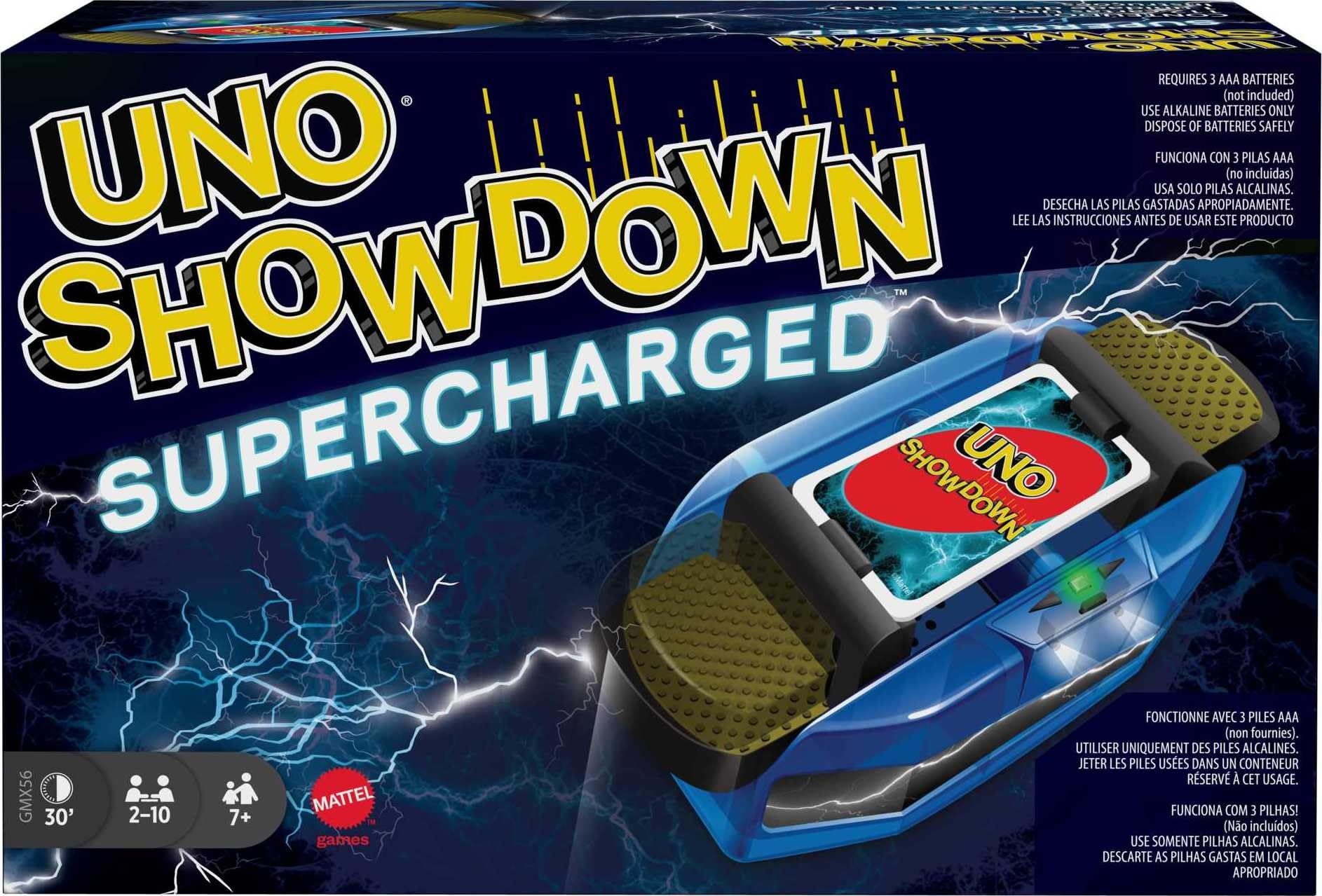 Mattel Games UNO Showdown Supercharged Card Game for Family Night with Electronic Card Launcher, Lights & Sounds (Amazon Exclusive)