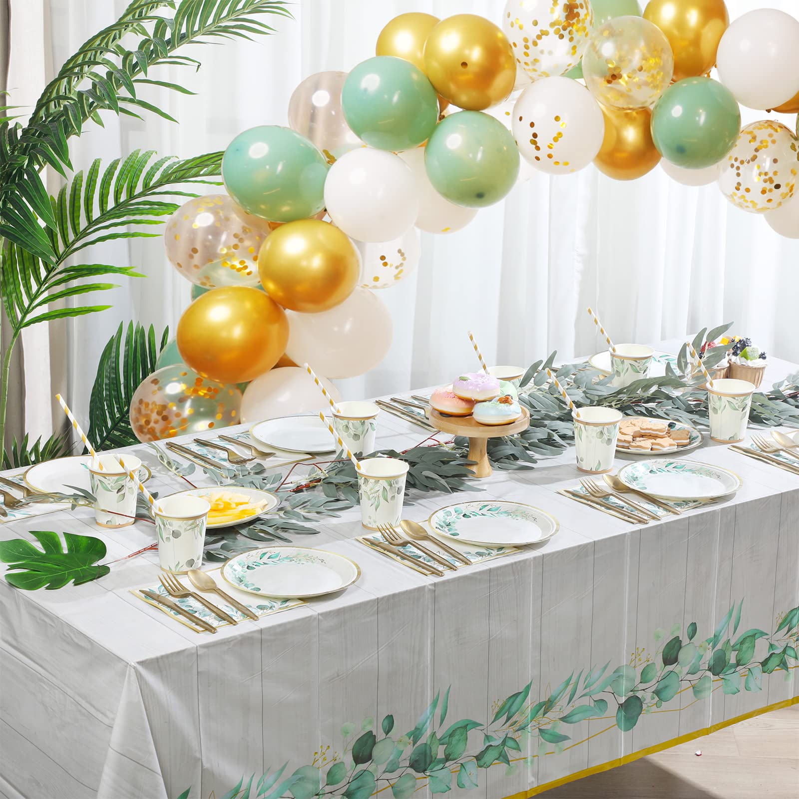 Eucalyptus Party Supplies Sage Greenery Plates and Napkins Green Leaf Tablecloth Balloons Gold Leaf Jungle Theme Boho Party Supplies for 16 Guests Tableware Bridal Wedding Decorations