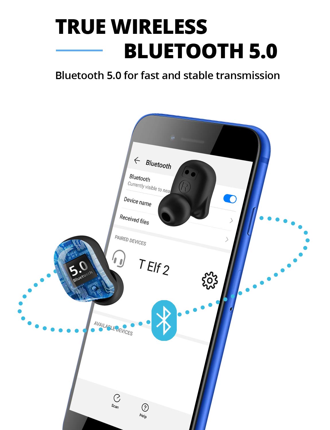 Bluedio Mini Wireless Earbuds in Ear Light-Weight Headsets Built-in Microphone Wireless Earbuds, T Elf 2 True Wireless Touch Earbuds in Ear Earphones with Charging Case for Cell Phone/Sports