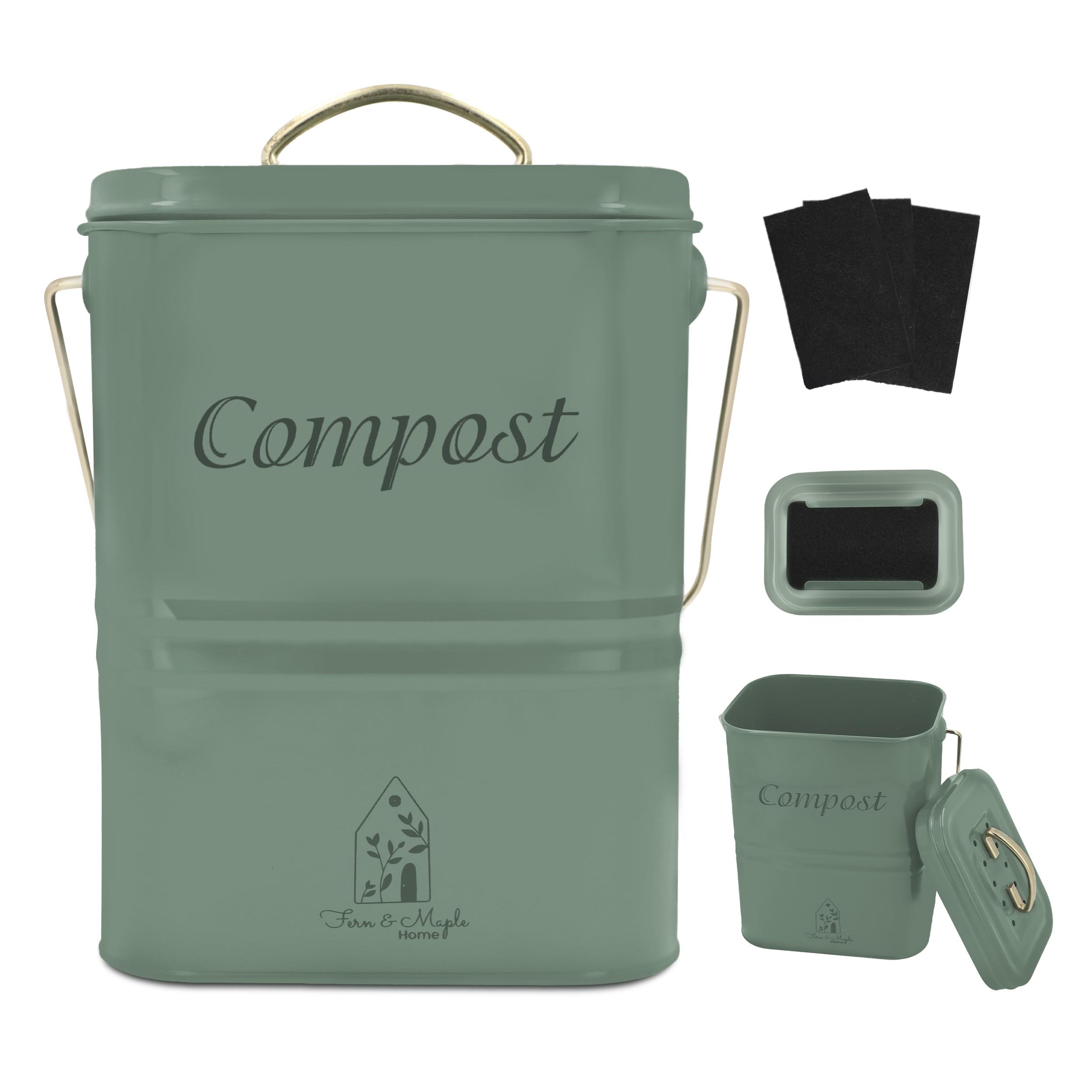 Compost Bin Kitchen Counter – 1 Gal with Lid & 3 Charcoal Filters, Small Square Countertop Composting Bin Fits Against Wall - Space Saving for Food Scraps, Odor-Free Countertop Compost Bucket