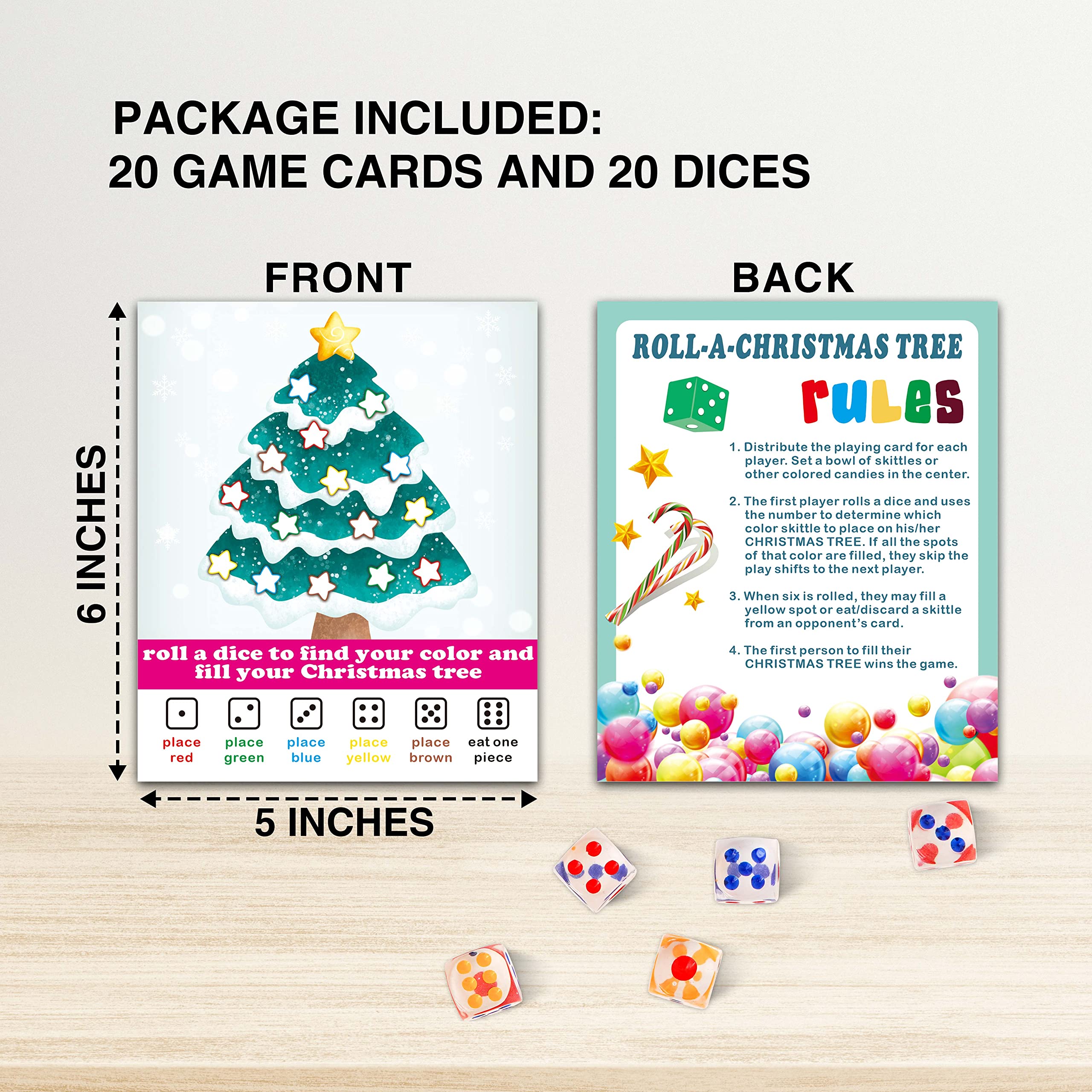 Christmas Party Roll The Dice Game, Kids Table Game, 20 Play Cards 20 Transparent Dices - 5 x 6 inches (MMgame-B001)