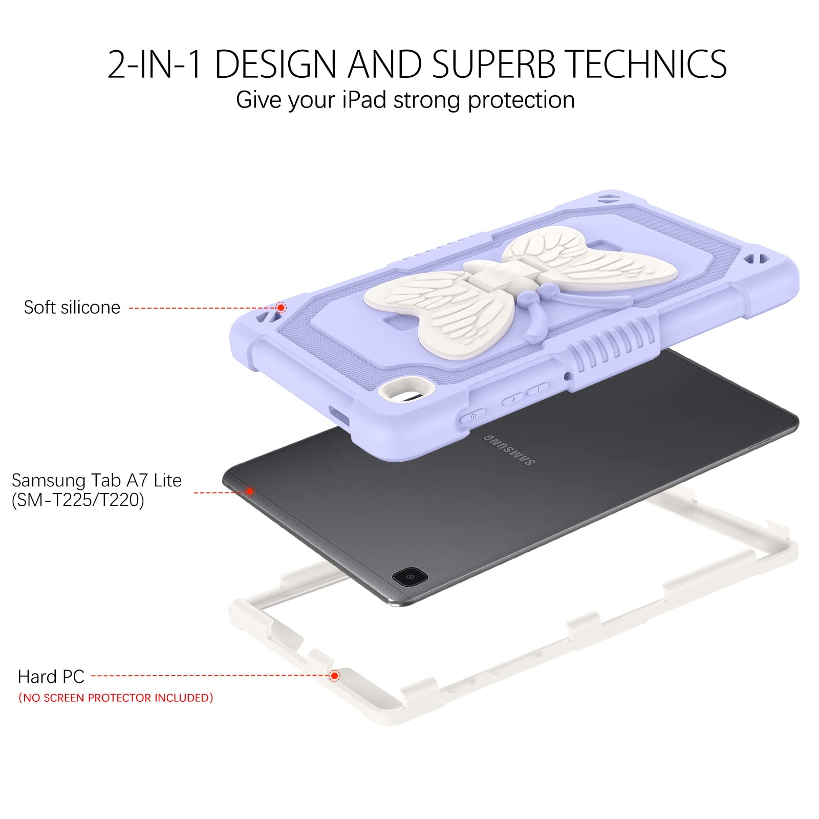 DUEDUE Design for Samsung Galaxy Tab A7 Lite 8.7” Case Butterfly Wings Kickstand Heavy Duty Shockproof Cute Full Protective Tablet Cover for Galaxy Tab A7 Lite 8.7 2021 Kids, Beige/Purple