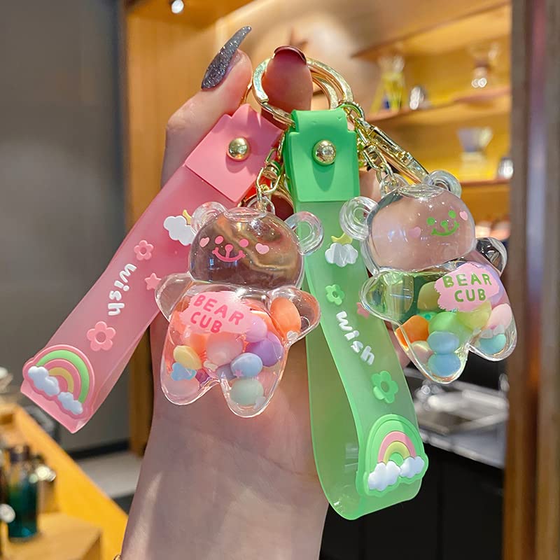 BEXOA Cute Keychain Kawaii Creative Little Bear Liquid Floating Lucky Bottle Keychain Backpack Charm Wristlet Bracelet Car Key Ring for Girl Women