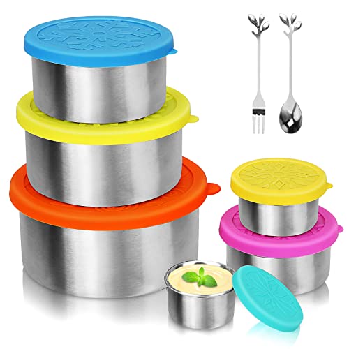 LEEPENK Stainless Steel Food Containers With Silicone Lids Leakproof Snack Containers for Kids Adults Set of 6 Metal Food Storage Containers (50,100,220,400,680,950ml) Durable for School Lunch,Picnic
