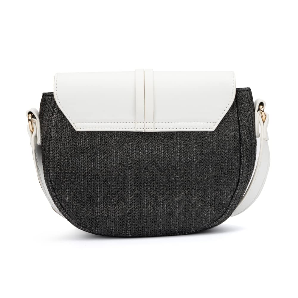 Olivia Miller Women's Fashion Rowan Natural Straw w PU Vegan Leather Front Flap, Black White Small Crossbody Bag w Adjustable Strap, Evening Everyday Casual Work Purse Handbag