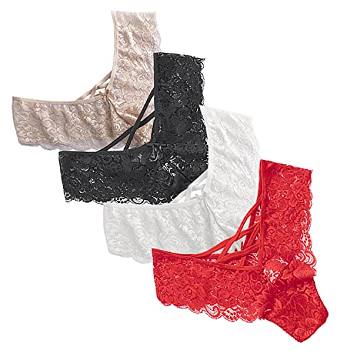 Muulyca Women’s Sexy Lace V-back Thongs Criss Cross Panties 4 Pack,RWNB,L