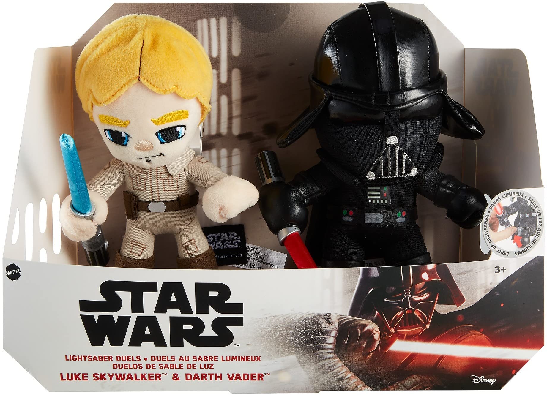 Mattel Star Wars Plush 6-inch Figure 2-Pack, Luke Skywalker vs Darth Vader, Lightsaber Duel Set of 2 Soft Dolls with Light-up Weapons