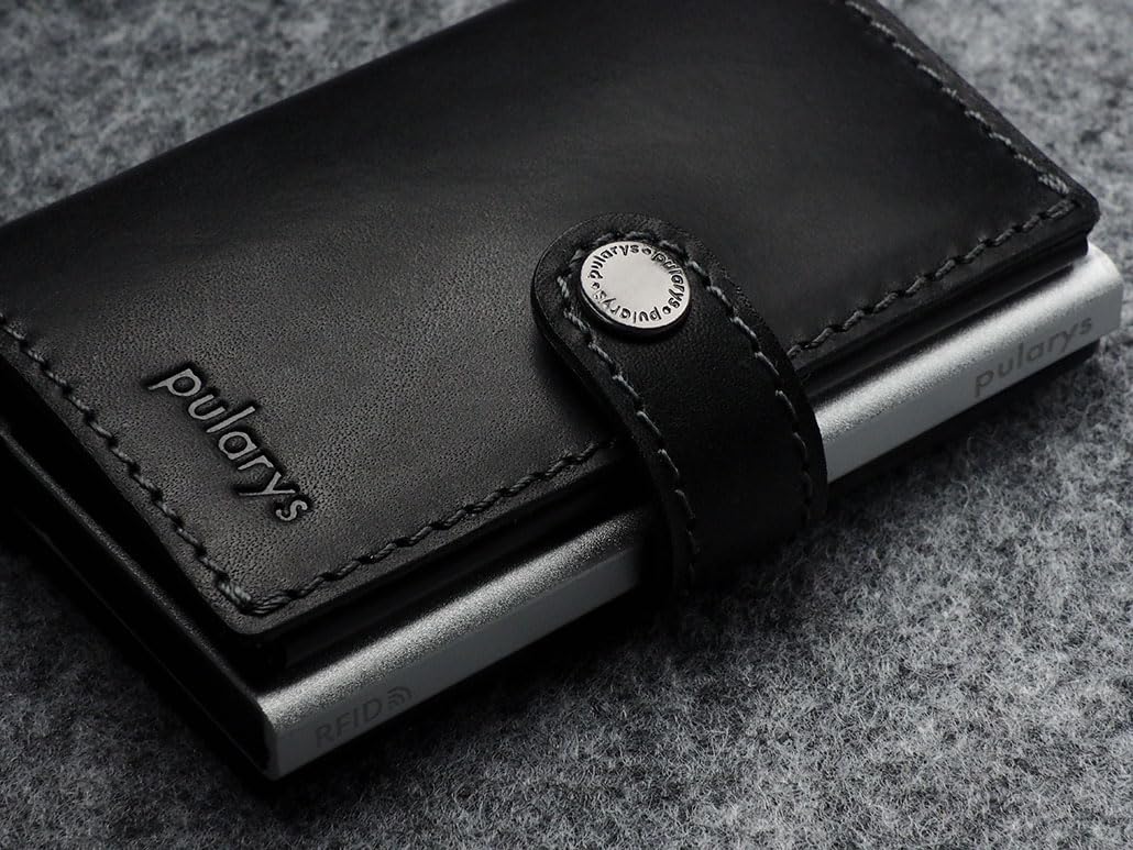pularys VIKING Mini Wallet - Premium Leather - Black - Snap Fastener - Bank Note Pocket - RFID blocking - Up to 8 Card Slots - Comfortable and Safe - Classic