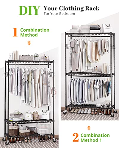 HOKEEPER Heavy Duty Wire Garment Rack Clothes Rack with Shelves and Double Rods, Rolling Clothing Rack for Hanging Clothes, Portable Freestanding Closet Storage Shelves Rack with Wheels and Hooks