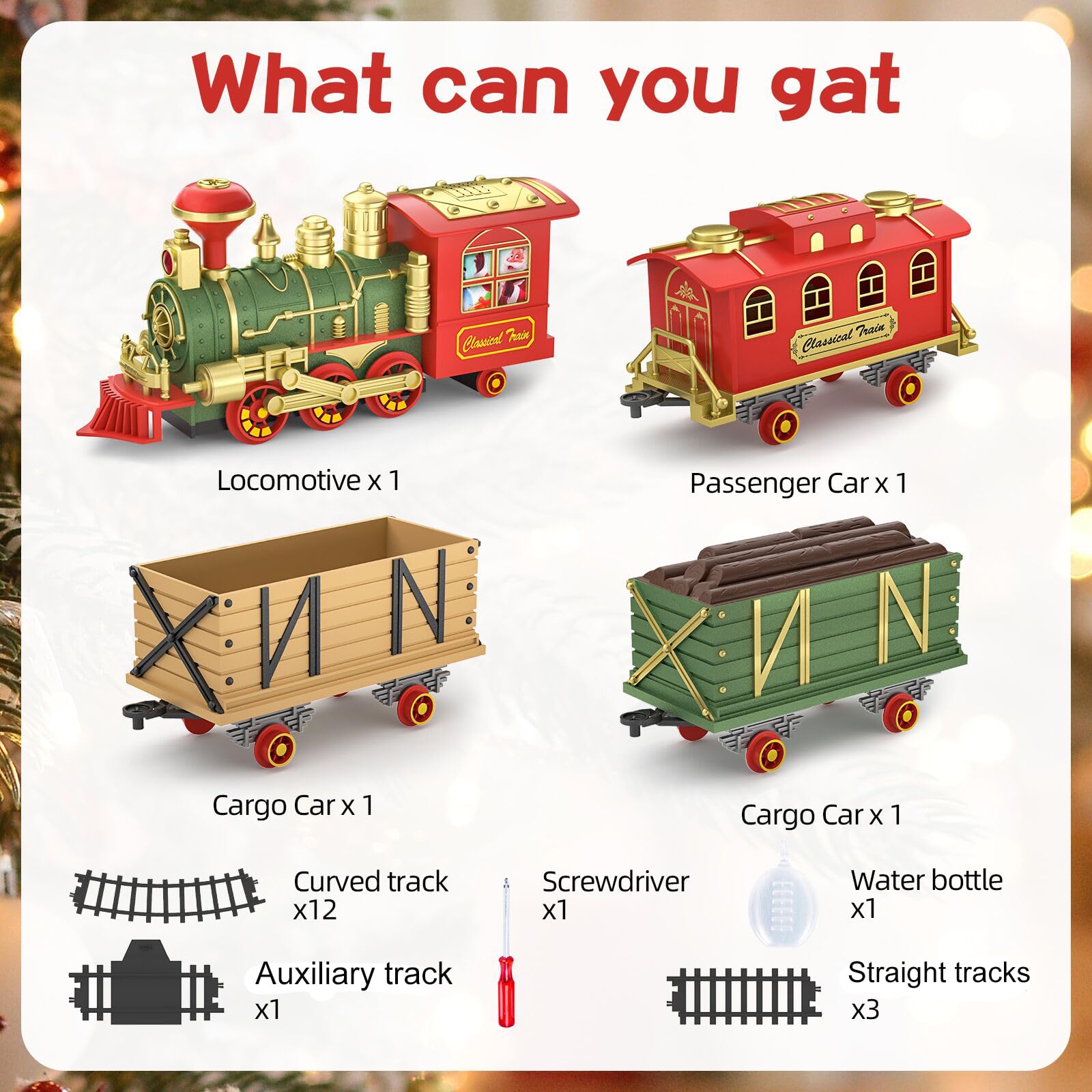 Christmas Train Set, Electric Train Around Tree w/Smoke Light & Sound for Kids Train Toy, Steam Locomotive Engine, Cargo Car and Train Tracks
