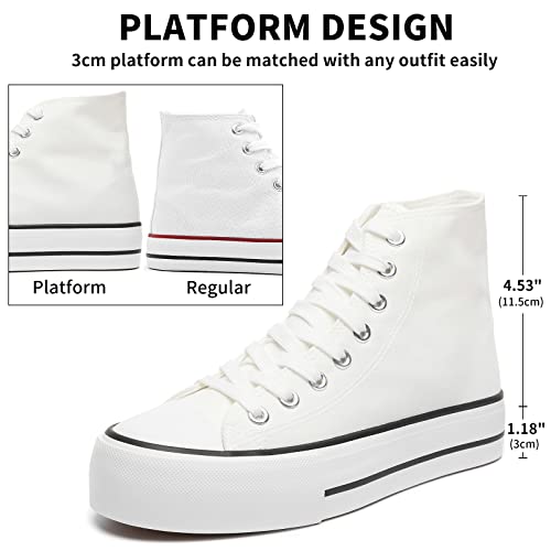FRACORA Womens High Top Canvas Shoes White Black Platform Sneakers Lace Up Shoes for Women Casual(White,US7)