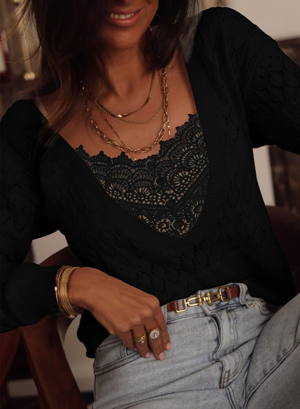 Dokotoo Black Sweaters for Women Juniors 2023 Fashion Casual V Neck Long Sleeve Hollow Out Crochet Lace Pullover Sweater Solid Color Cable Knitted Tunic Jumper Tops Medium