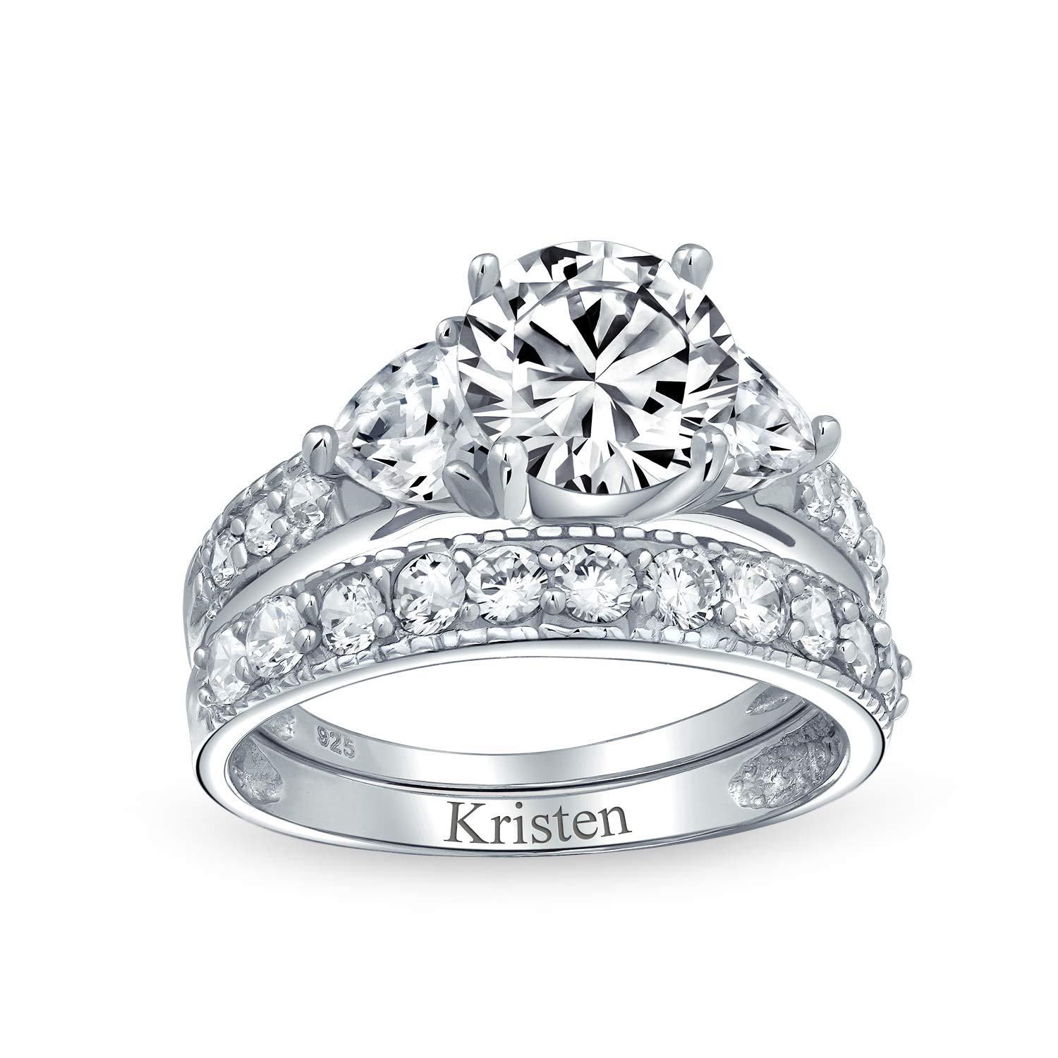 Bling Jewelry 3CT Brilliant Solitaire Cubic Zirconia .925 Sterling Silver AAA CZ Anniversary Wedding Engagement Ring Pave Band Set