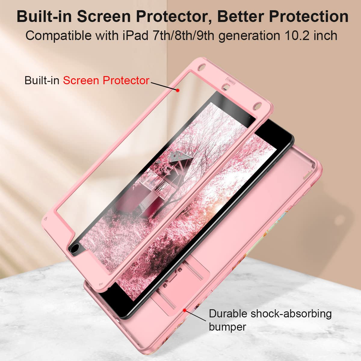 Btscase for iPad 9th/8th/7th Generation, iPad 10.2 (2021/2020/2019) Case, Built-in Screen Protector and Kickstand Dual Layer Full-Body Heavy Duty Shockproof Drop Protective Marble Cover, Rose Gold