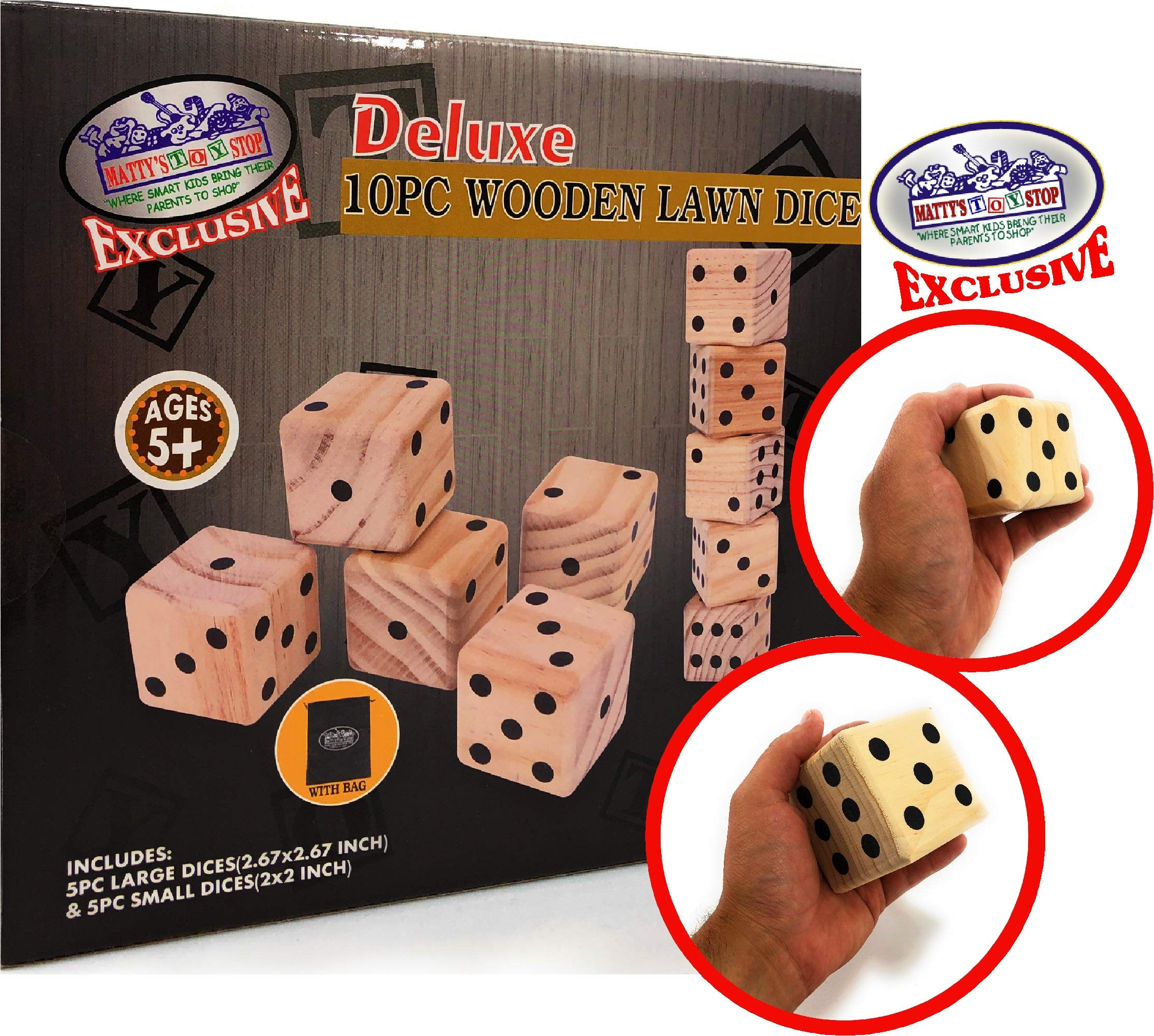 Matty's Toy Stop Deluxe 10pcs Wooden Lawn Dice Set - Features 5 (2.75") and 5 (2") Large Wooden Dice with Storage Bag