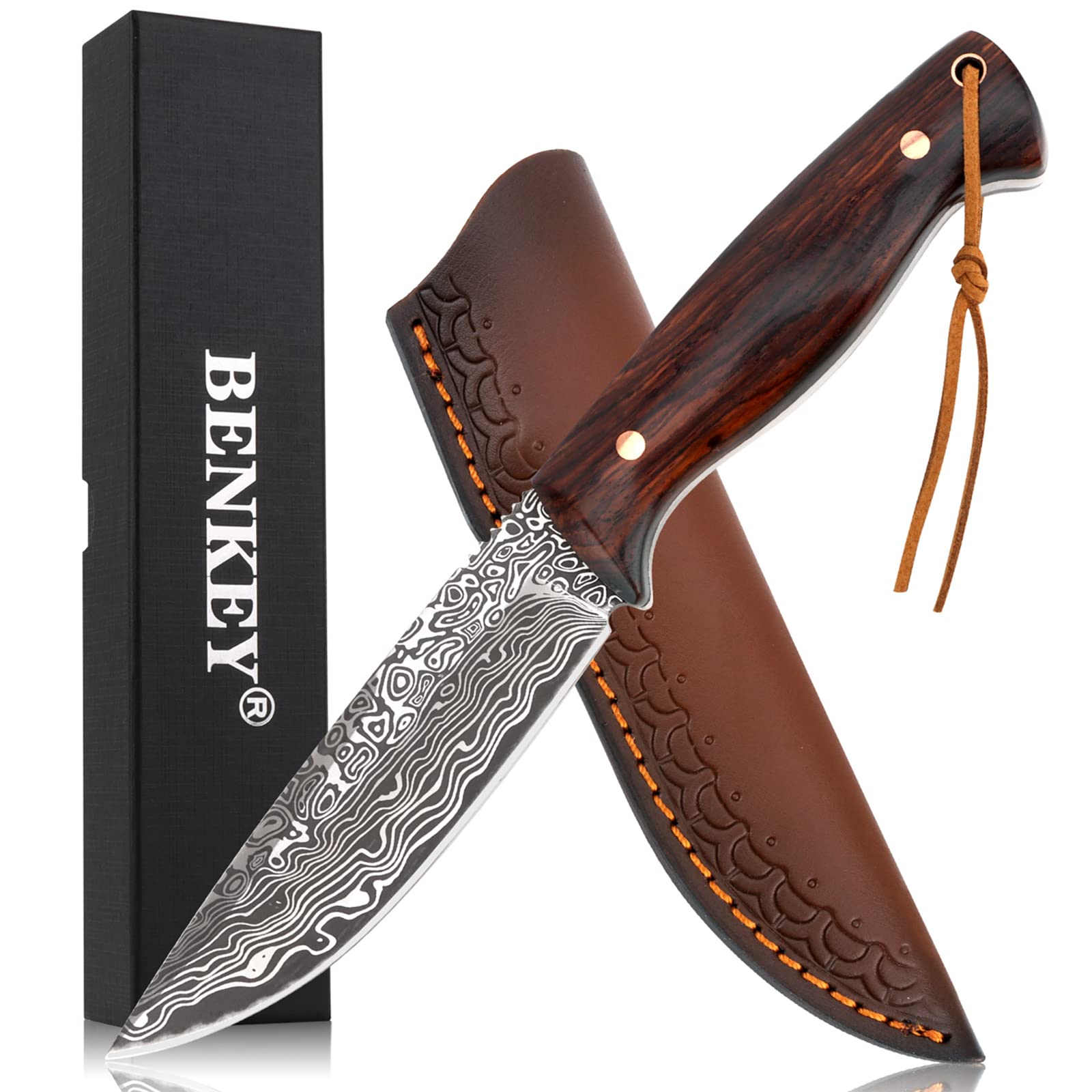 Benkey Fixed Blade Hunting Knife Full Tang with Leather Sheath, Solid & Sharp D2 Blade Outdoor Survival Hunting Knife, Comfortable Natural Wood Handle Camping Knife for Men and Women