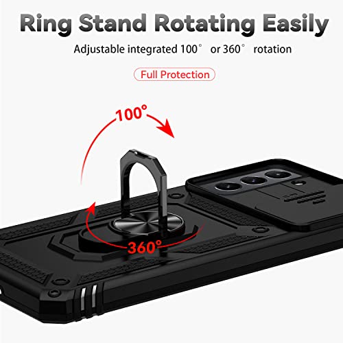 for Samsung Galaxy S21 Case with Camera Lens Cover HD Screen Protector, Dual Layer Military-Grade Drop Tested Magnetic Ring Holder Kickstand Protective Phone Case for Samsung Galaxy S21 5G (Black)