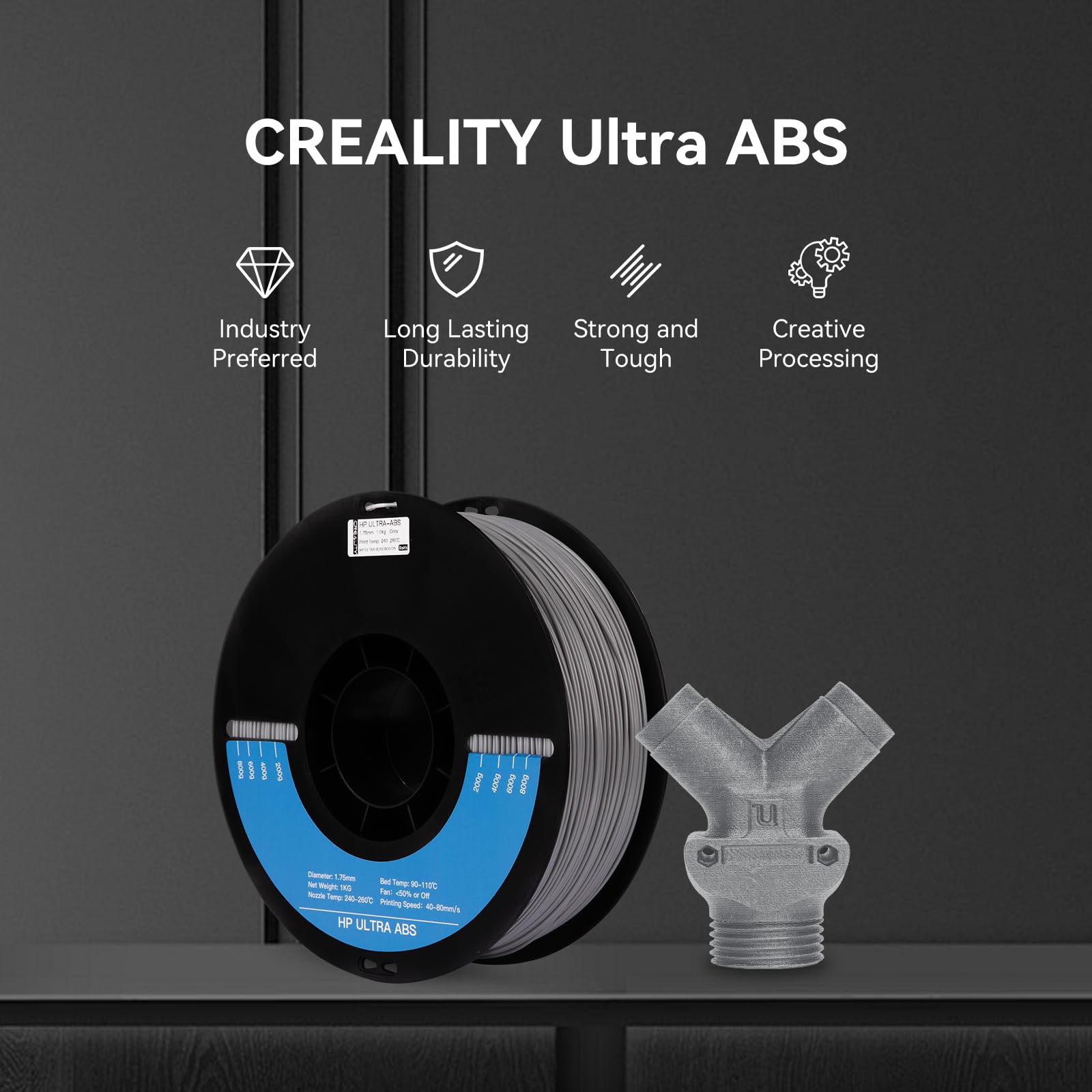 Creality Ultra ABS Filament 1.75mm, 3D Printer Filament ABS 1kg Neutral Black Plate (2.2lbs) Grey