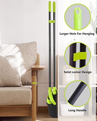 Broom and Dustpan,Indoor Broom and Dust Pans with Long Handle Up to 54 Inches,Broom and Dustpan Set for Home,Standing Upright Broom with Dustpan Combo Set for Kitchen Room Office Lobby Floor(Green)