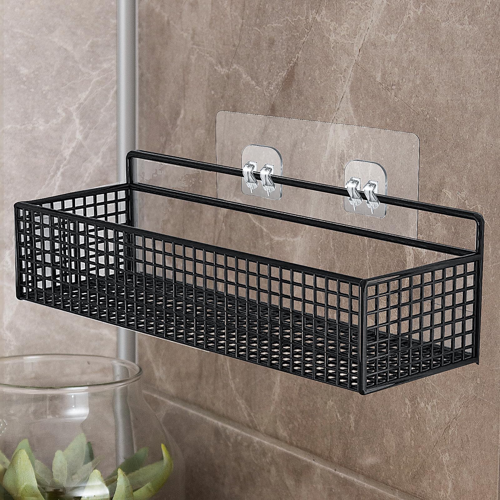 COMNICO 4 Pack Shower Caddy Adhesive Hooks Replacement, Strong Self-Adhesive Sticker No Drilling Waterproof Hanging Hooks for Bathroom Storage Shelves Kitchen Racks (Double Hook,Transparent)