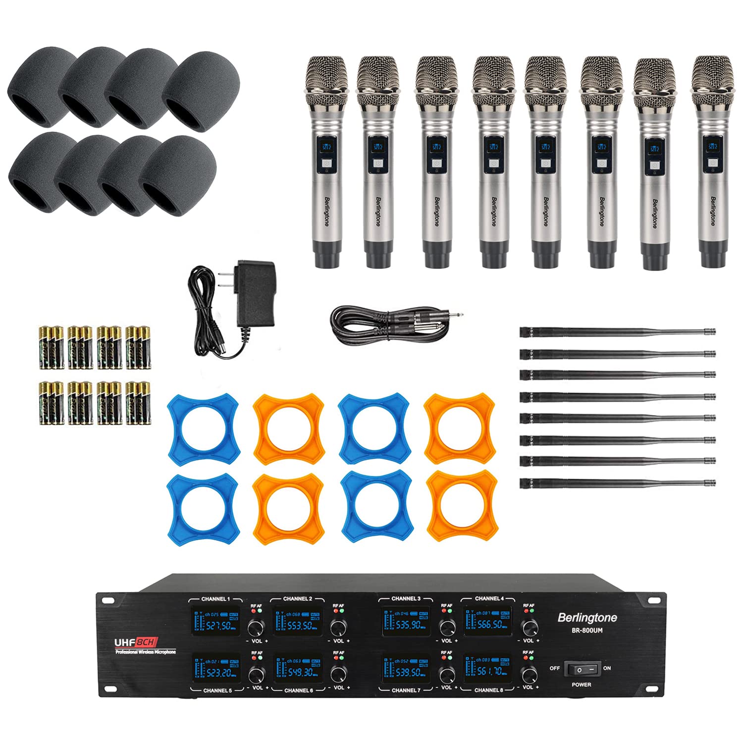Berlingtone BR-800UM Professional 8-Channel Wireless Handheld Dynamic Microphone System, Fixed Frequency Channel, Metal Mic and Receiver, for Singing, Church, DJ, Concert, Up to 260ft Range