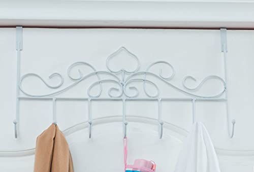 eywlwaar Over The Door Hooks with 7 Hooks Metal Rack for Home Use Hats Coats Key Bag Clothes Scarfs Hooks and Love Design(White)