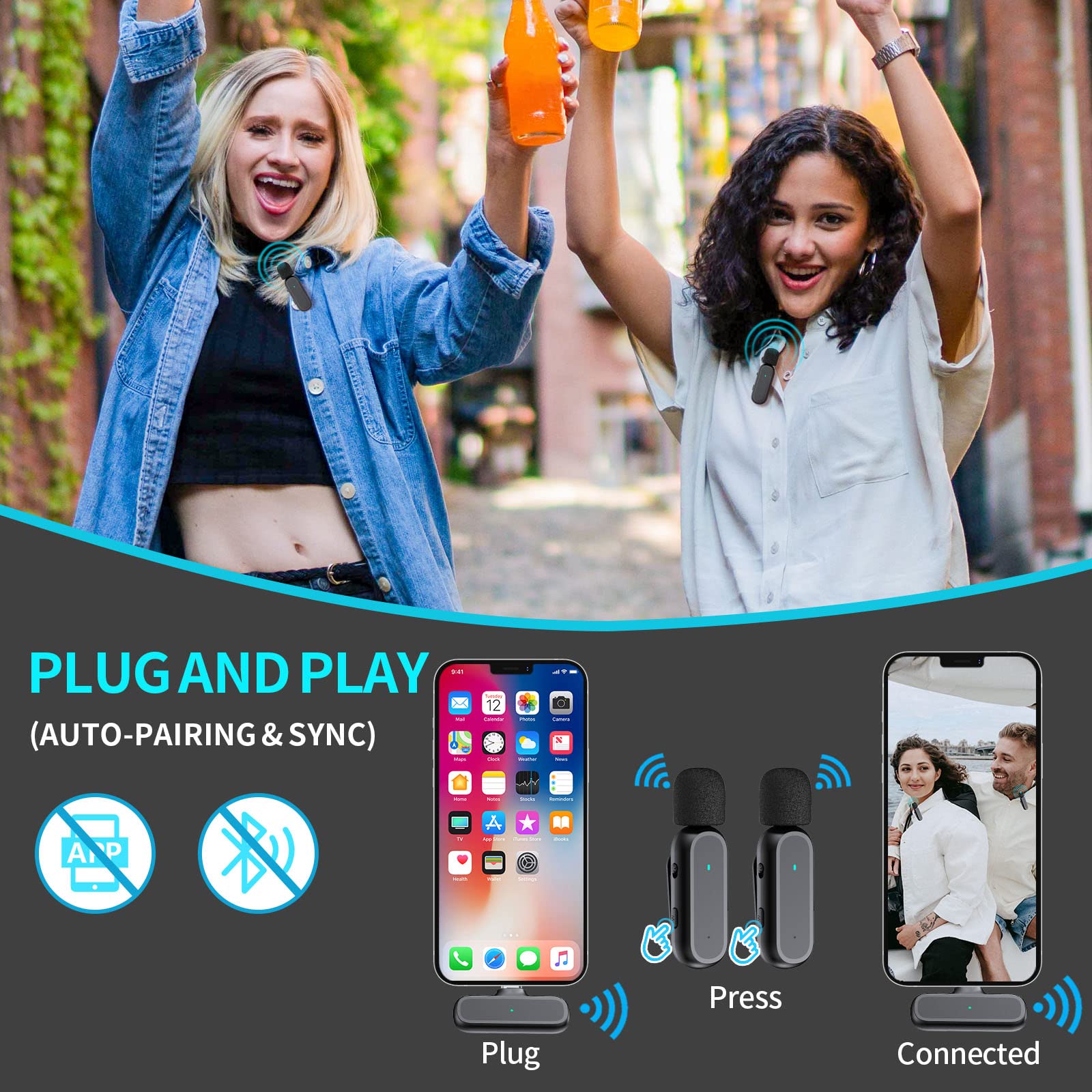 Booinxaa Dual Plug-Play Wireless Lavalier Microphones for iPhone/iPad, 2.4GHz Mini Lapel Recording Mic with Charging Case/Earphone, Auto-Sync Noise Reduction Microphone for TikTok, YouTube, Vlog